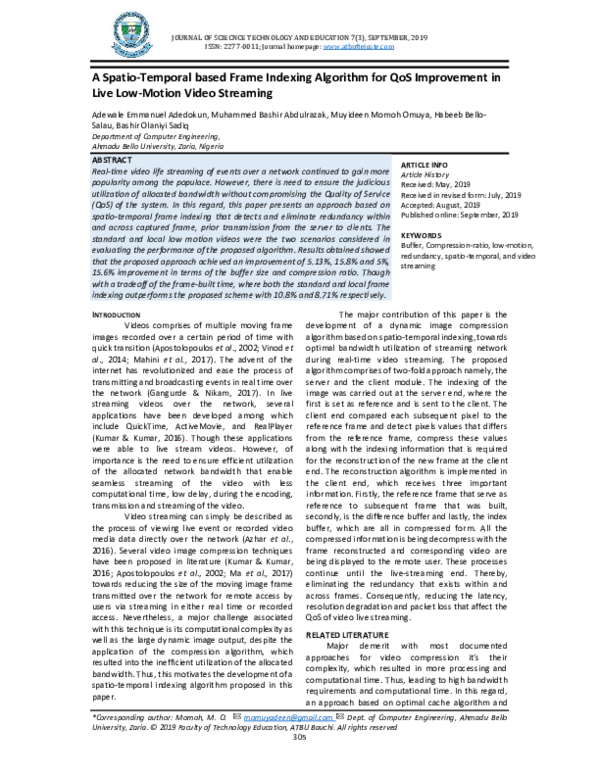 Pdf A Spatio Temporal Based Frame Indexing Algorithm For Qos Improvement In Live Low Motion