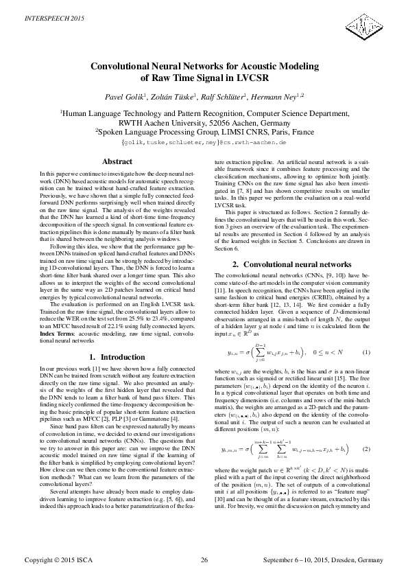 (PDF) Convolutional Neural Networks for Acoustic Modeling of Raw Time Signal in LVCSR