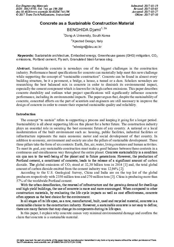 Pdf Concrete As A Sustainable Construction Material