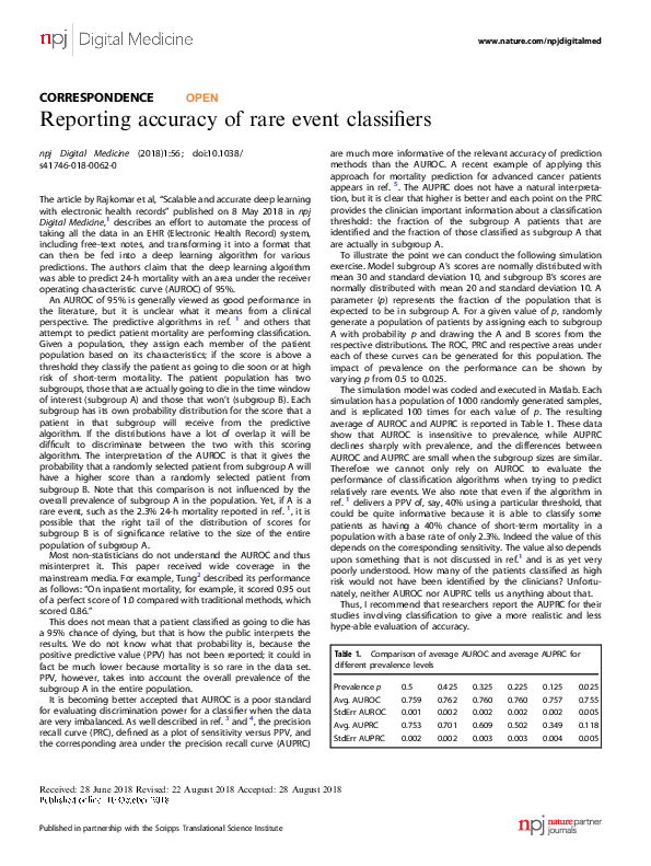 (PDF) Reporting accuracy of rare event classifiers