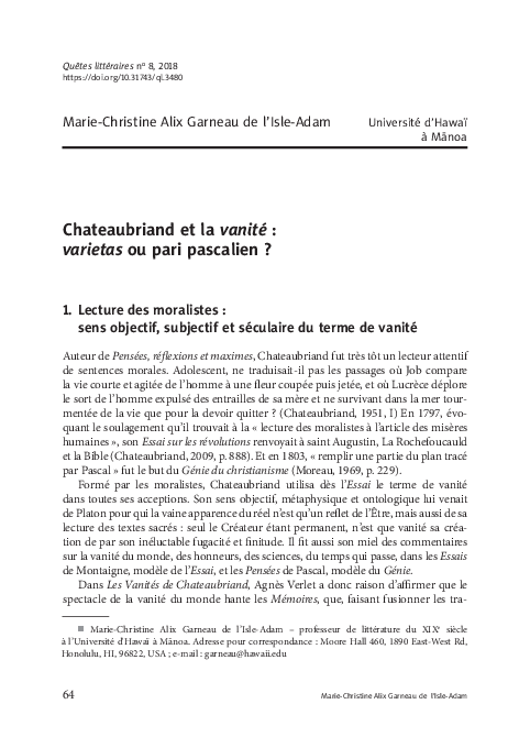 (PDF) Chateaubriand et la vanité : varietas ou pari pascalien