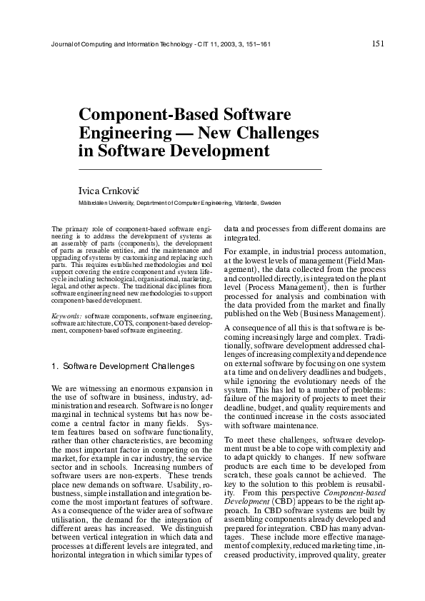 (PDF) Component Based Software Engineering New Chalanges in Software Development