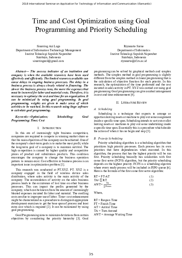 (PDF) Time and Cost Optimization using Goal Programming and Priority Scheduling