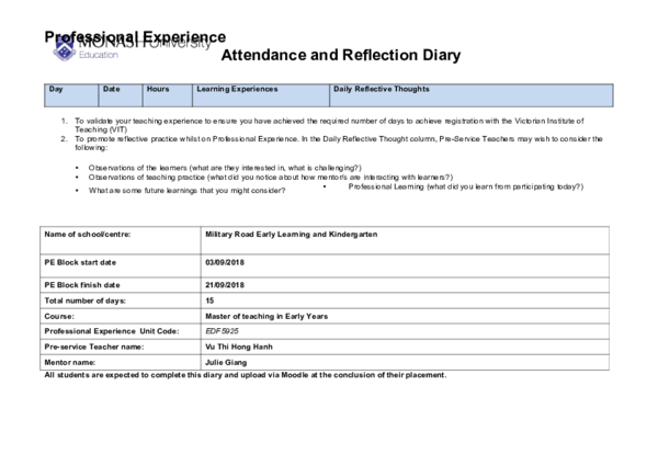 (PDF) Professional Experience Attendance and Reflection Diary
