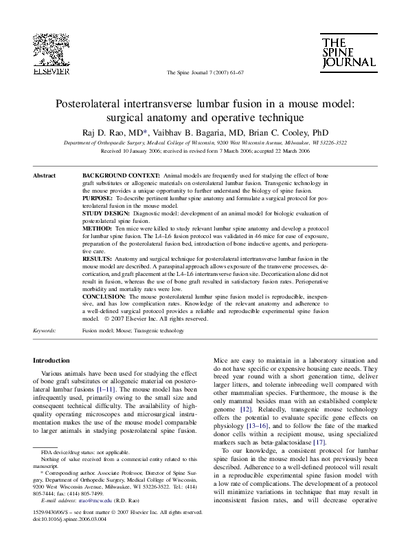 (PDF) Posterolateral intertransverse lumbar fusion in a mouse model ...