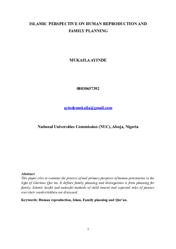 (DOC) ISLAMIC PERSPECTIVE ON HUMAN REPRODUCTION AND FAMILY PLANNING