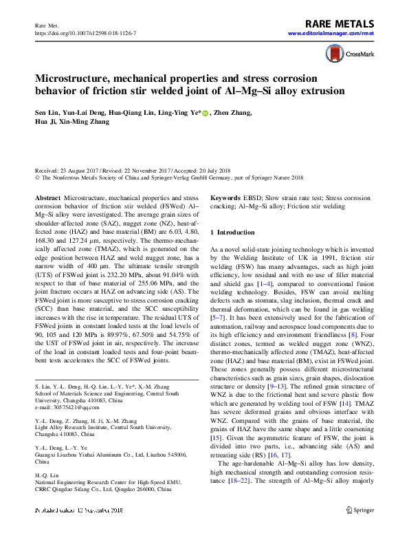 (PDF) Microstructure, mechanical properties and stress corrosion behavior of friction stir ...