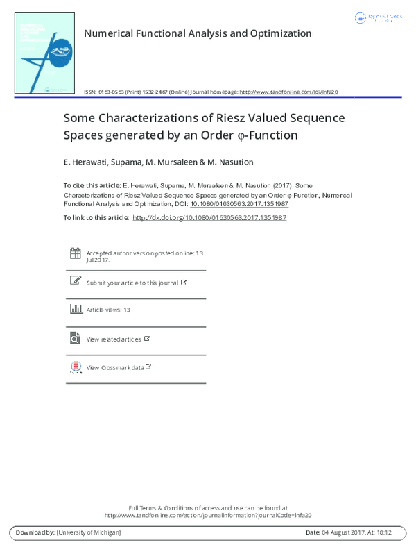 (PDF) Some Characterizations of Riesz Valued Sequence Spaces generated by an Order ϕ-Function