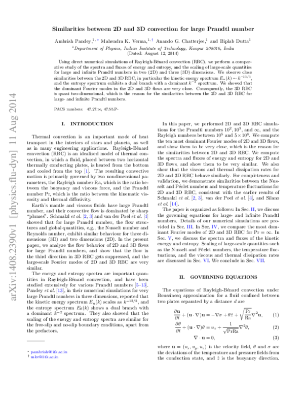 (PDF) Similarities between 2D and 3D convection for large Prandtl number | Mahendra Verma ...