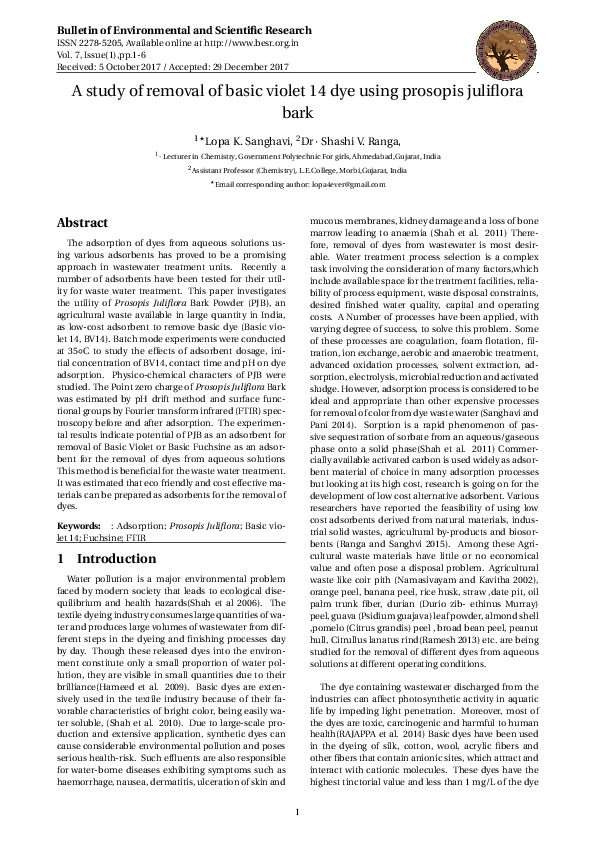 (PDF) A study of removal of basic violet 14 dye using prosopis juliflora bark