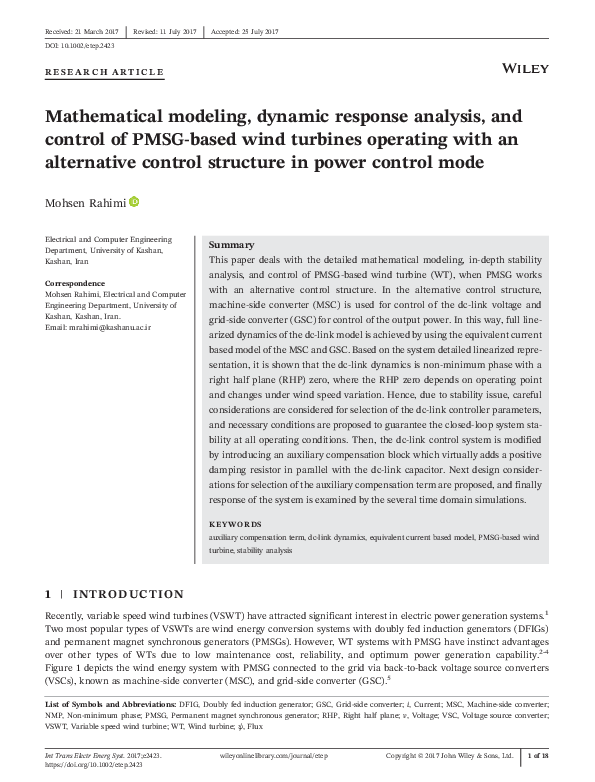 Pdf Mathematical Modeling Dynamic Response Analysis And Control Of Pmsg Based Wind Turbines