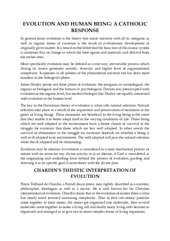 (DOC) EVOLUTION AND HUMAN BEING: A CATHOLIC RESPONSE