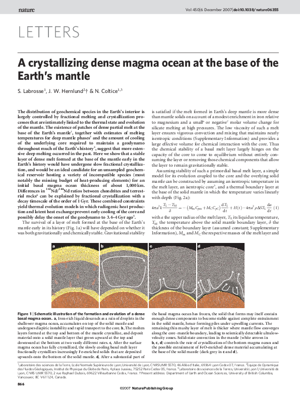 (PDF) A Crystallizing Dense Magma Ocean at the Base of Earth's Mantle