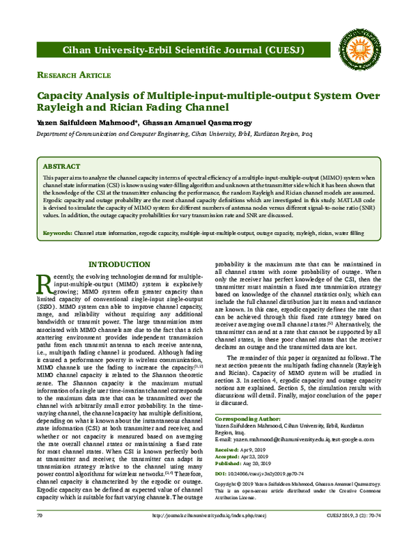 (PDF) Capacity Analysis of Multiple-input-multiple-output System Over Rayleigh and Rician Fading ...