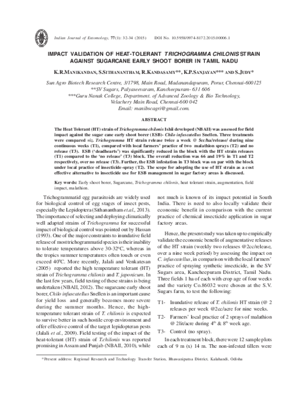 (PDF) IMPACT VALIDATION OF HEAT-TOLERANT TRICHOGRAMMA CHILONIS STRAIN AGAINST SUGARCANE EARLY ...