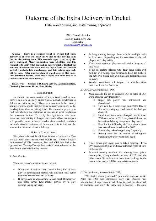 (PDF) Outcome of the Extra Delivery in Cricket Data warehousing and ...