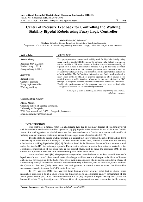 (PDF) Center of Pressure Feedback for Controlling the Walking Stability Bipedal Robots using ...