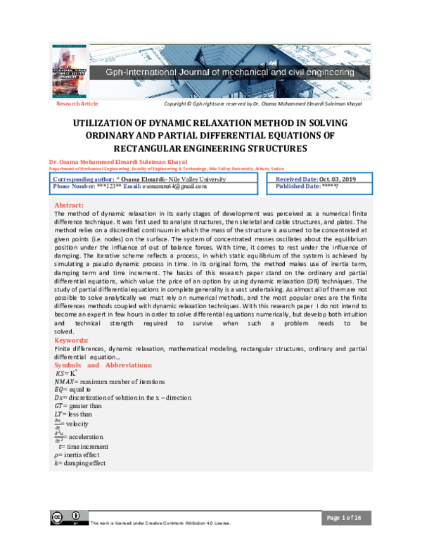 Pdf Dynamic Relaxation For Differential Equations 