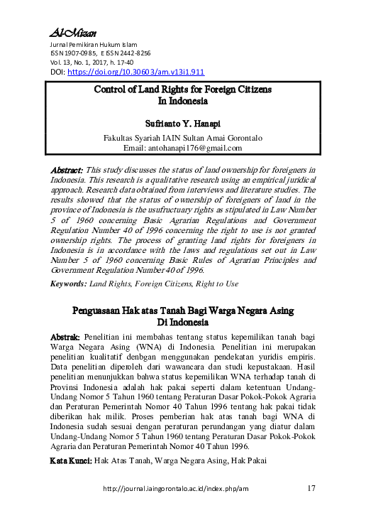(PDF) Control of Land Rights for Foreign Citizens In Indonesia
