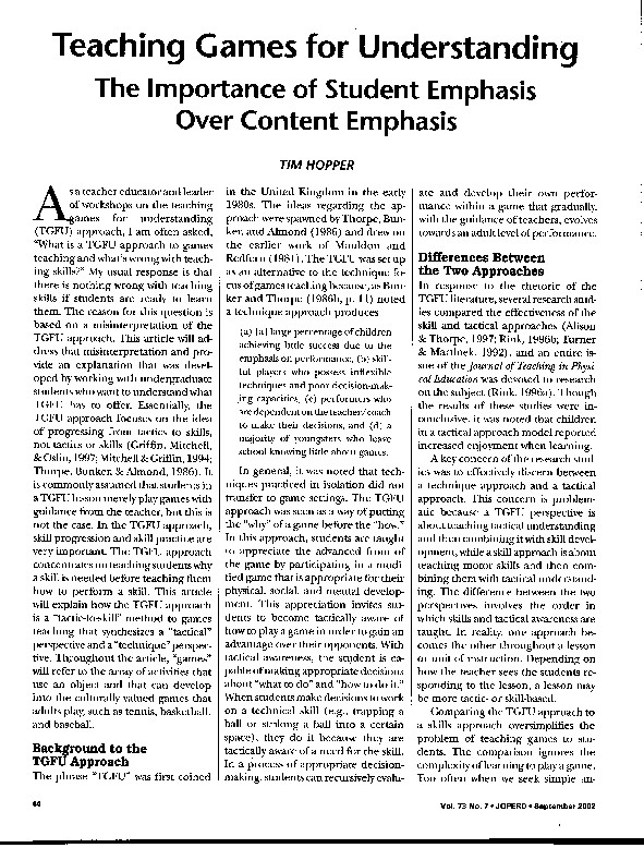 (PDF) Hopper Teaching games for understanding The importance of student ...