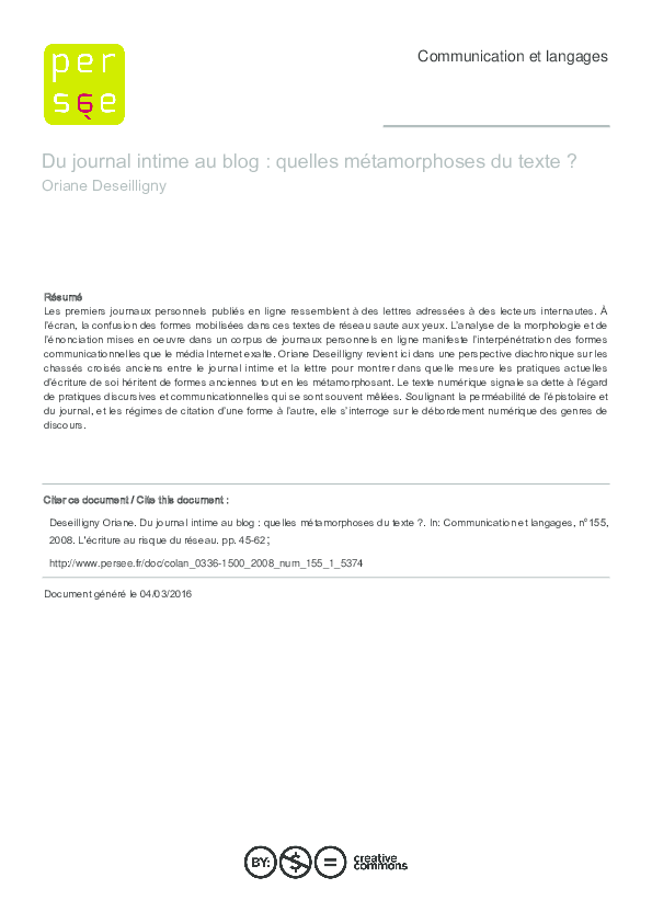 (PDF) Du journal intime au blog : quelles métamorphoses du texte?