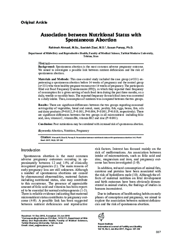 (PDF) Association between Nutritional Status with Spontaneous Abortion (PDF) Association between Nutritional Status with Spontaneous Abortion