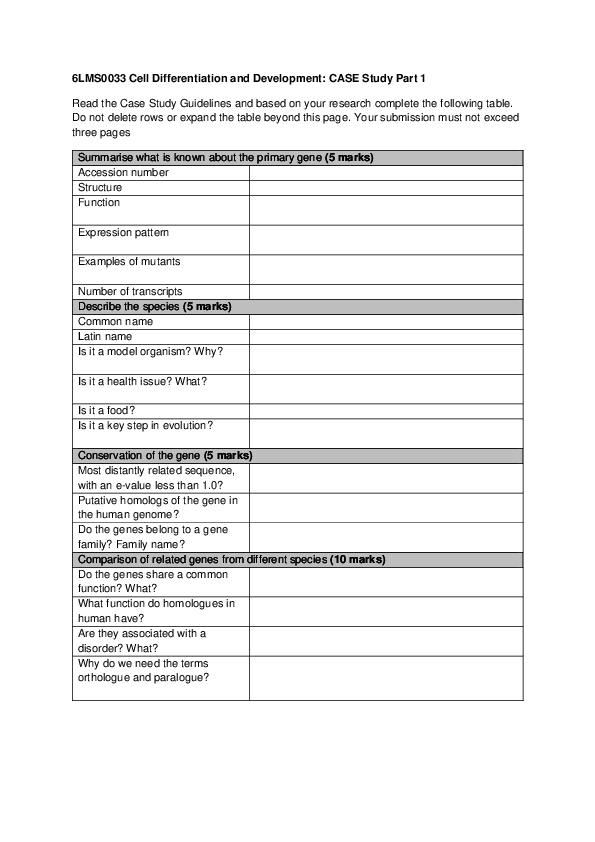 (DOC) 6LMS0033 Cell Differentiation and Development: CASE Study Part 1