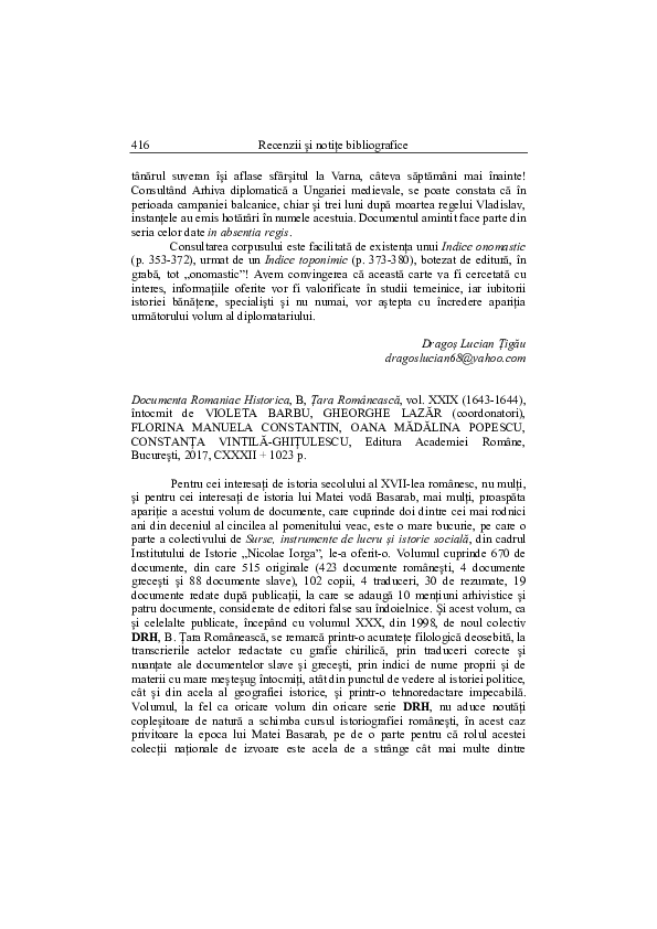 (PDF) Recenzie la Documenta Romaniae Historica, B. Țara Românească, vol. XXIX (1643-1644), vol ...