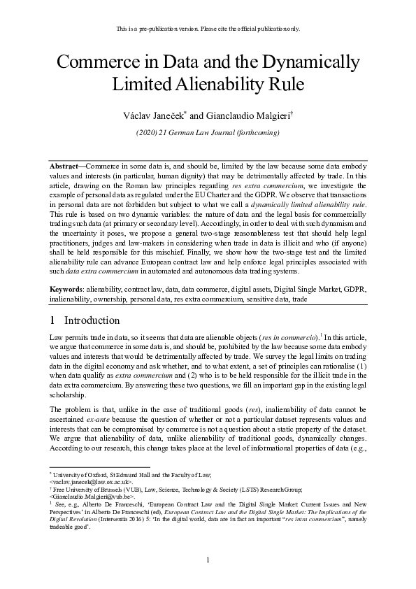 (PDF) Commerce in Data and the Dynamically Limited Alienability Rule
