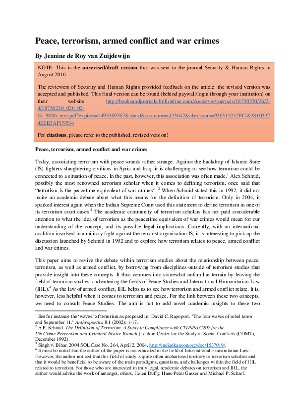 (PDF) Peace, terrorism, armed conflict and war crimes