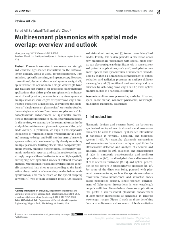 (PDF) Multiresonant plasmonics with spatial mode overlap: overview and outlook