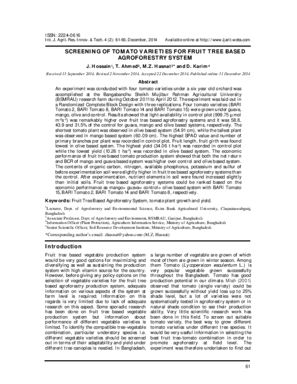 (PDF) Screening of tomato varieties for fruit tree based Agroforestry system