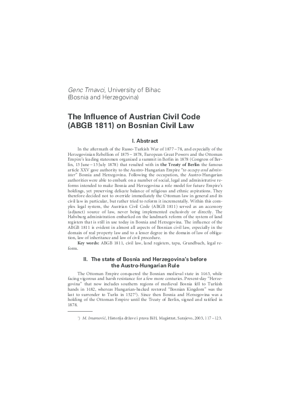 (PDF) The Influence of Austrian Civil Code (ABGB 1811) on Bosnian Civil Law