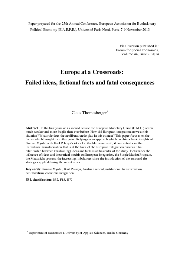 (PDF) Europe at a Crossroads: Failed ideas, fictional facts and fatal ...