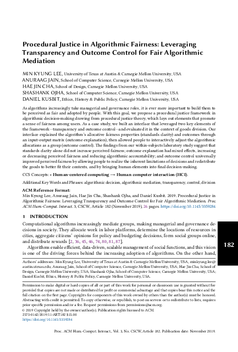 (PDF) Procedural Justice in Algorithmic Fairness: Leveraging Transparency and Outcome Control ...