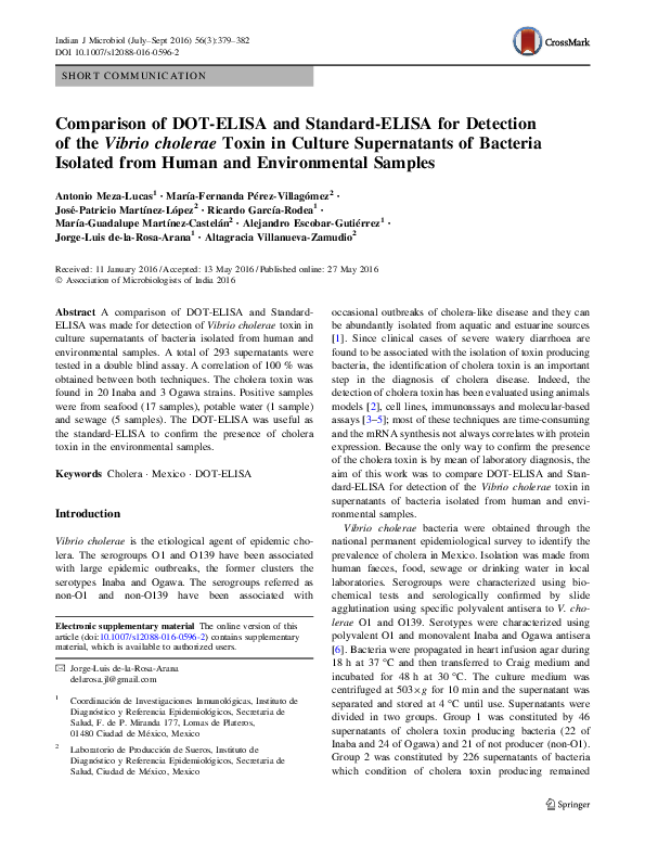 (PDF) Comparison of DOT-ELISA and Standard-ELISA for Detection of the Vibrio cholerae Toxin in ...