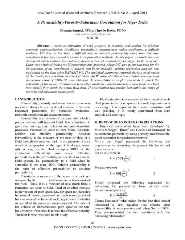 (PDF) A Permeability-Porosity-Saturation Correlation for Niger Delta