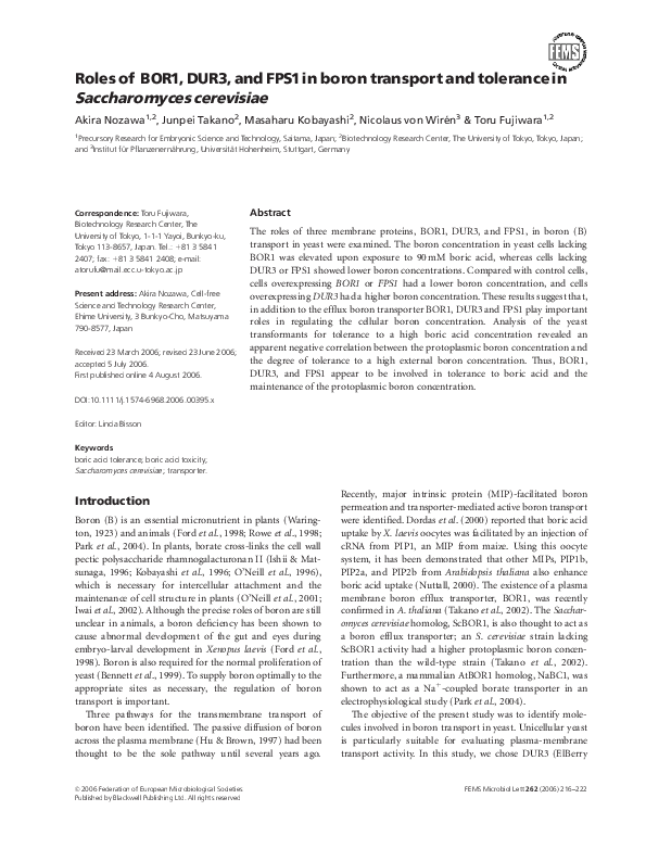 (PDF) Roles of BOR1, DUR3, and FPS1 in boron transport and tolerance in ...