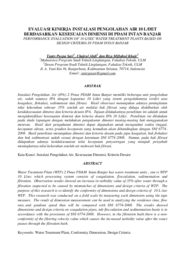 (PDF) PERFORMANCE EVALUATION OF 10 L/SEC WATER TREATMENT PLANTS BASED ...