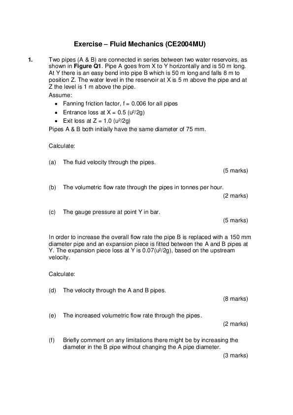 (DOC) Exercise -Fluid Mechanics (CE2004MU
