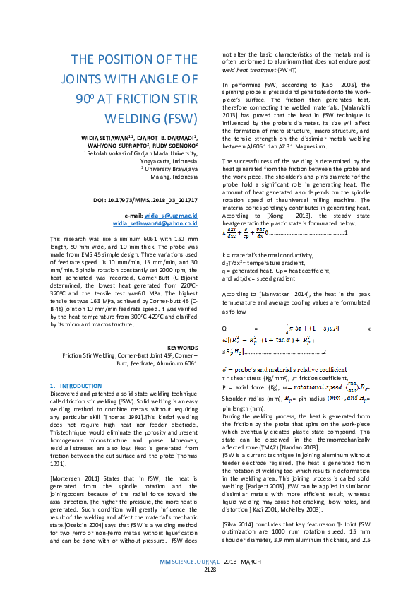 (PDF) THE POSITION OF THE JOINTS WITH ANGLE OF 90° AT FRICTION STIR ...