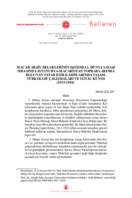 (PDF) MACAR ARŞİV BELGELERİNİN IŞIĞINDA I. DÜNYA SAVAŞI SIRASINDA AVUSTURYA-MACARİSTAN ...