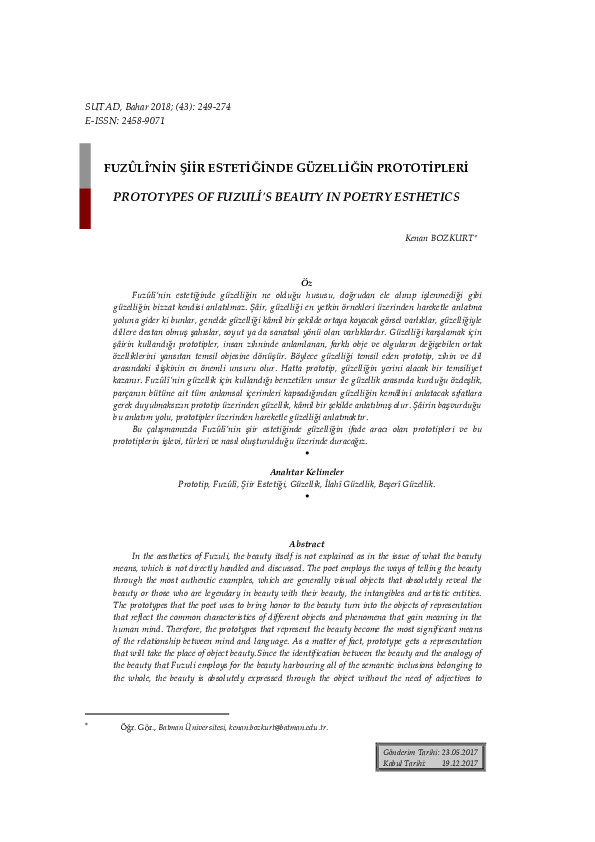 (PDF) FUZÛLÎ'NİN ŞİİR ESTETİĞİNDE GÜZELLİĞİN PROTOTİPLERİ PROTOTYPES OF ...