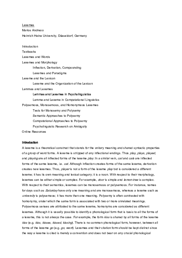 (PDF) Andreou, Marios. 2019. Lexemes. In Mark Aronoff (ed.), Oxford ...