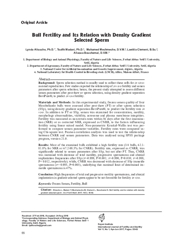 (PDF) Bull Fertility and Its Relation with Density Gradient Selected Sperm