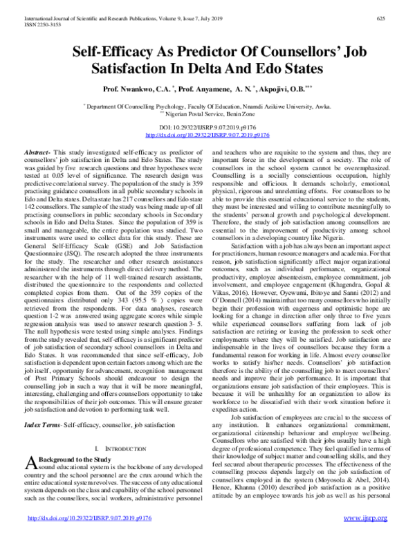 (PDF) Self-Efficacy As Predictor Of Counsellors' Job Satisfaction In ...