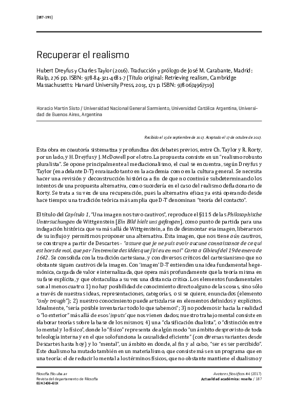 (PDF) RESEÑA. Recuperar el realismo, de Hubert Dreyfus y Charles Taylor