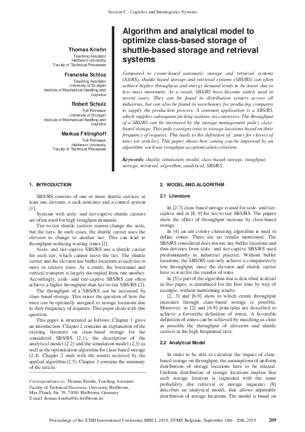Pdf Algorithm And Analytical Model To Optimize Class Based Storage Of Shuttle Based Storage