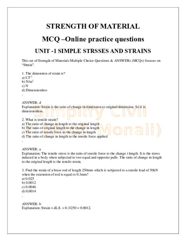 PDF STRENGTH OF MATERIAL MCQ Online Practice Questions UNIT 1 pdf-strength-of-material-mcq-online-practice-questions-unit-1