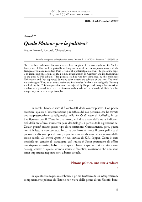 (PDF) M. Bonazzi - R. Chiaradonna, Quale Platone per la politica?, in "Lo sguardo. Rivista di ...
